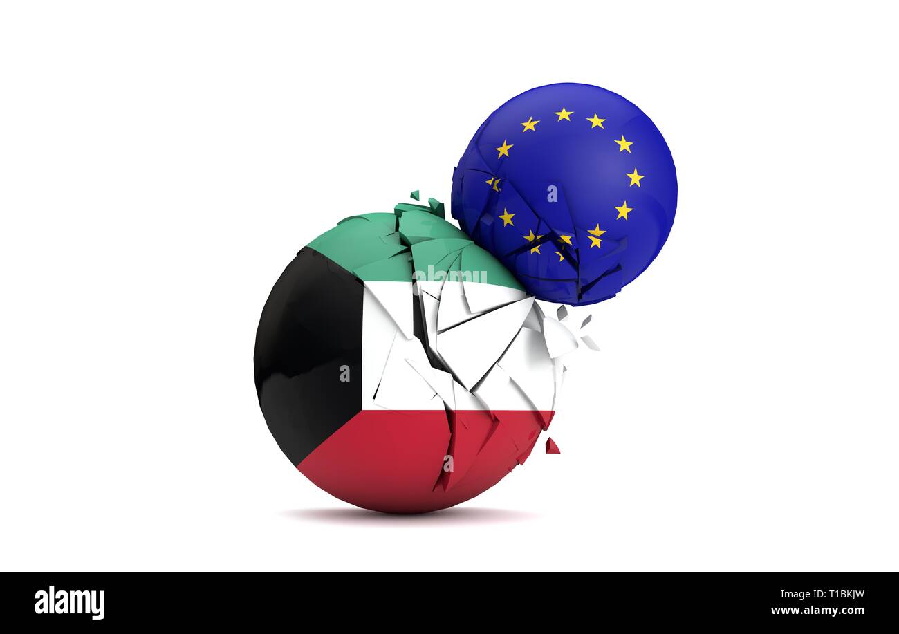 Kuwait and European Union political balls smash together. 3D Render ...