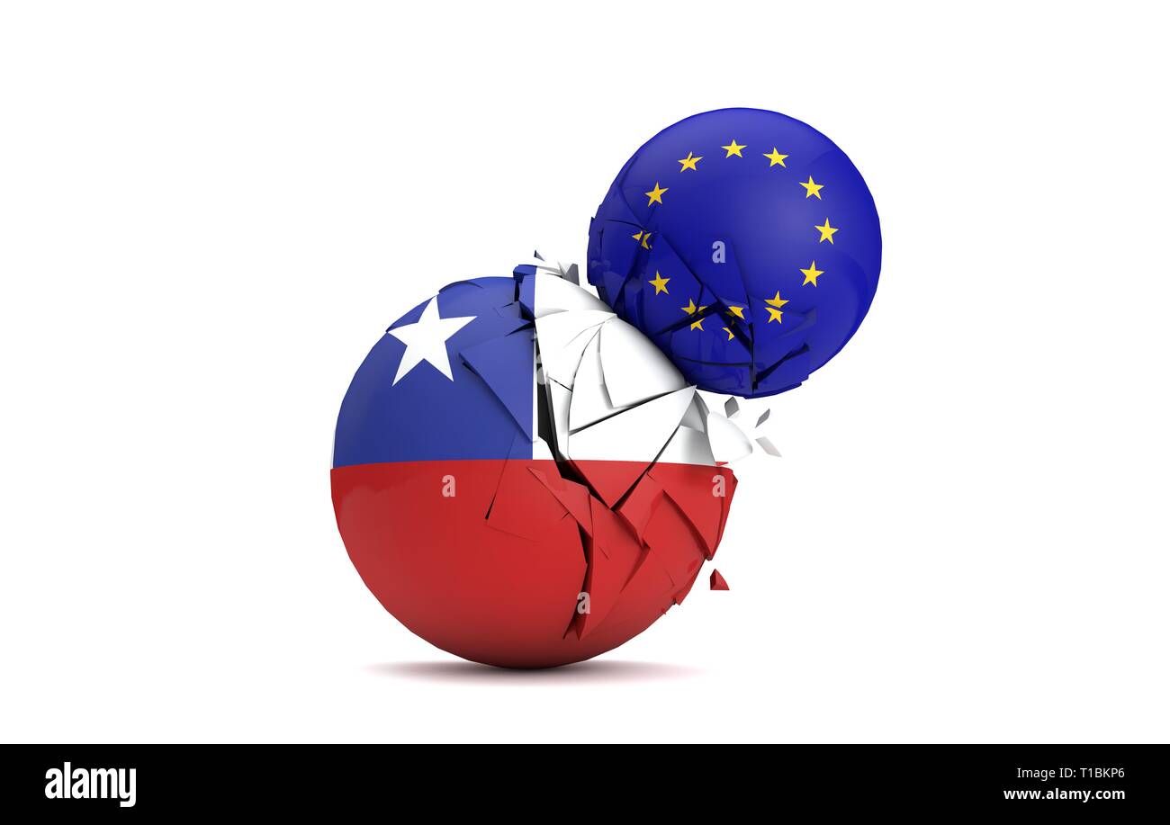 Chile and European Union political balls smash together. 3D Render ...