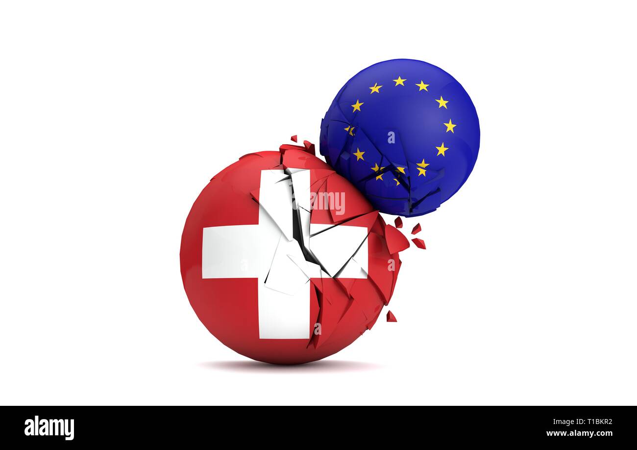 Switzerland and European Union political balls smash together. 3D ...