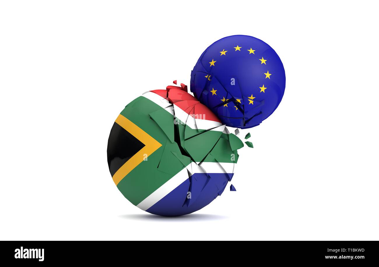 South Africa and European Union political balls smash together. 3D ...