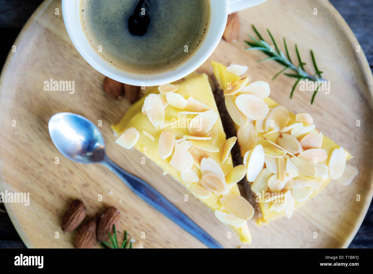 Cake and coffee cup on tray with top view background Stock Photo - Alamy