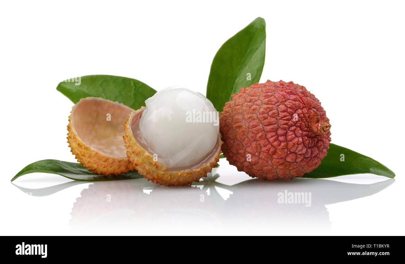 Fresh lychee fruit and leaves isolated on white background Stock Photo ...