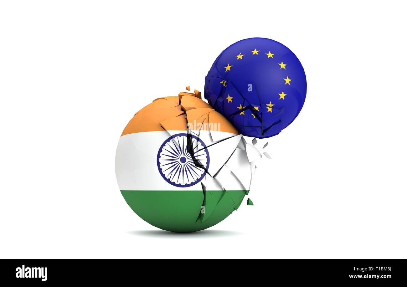 India and European Union political balls smash together. 3D Render ...