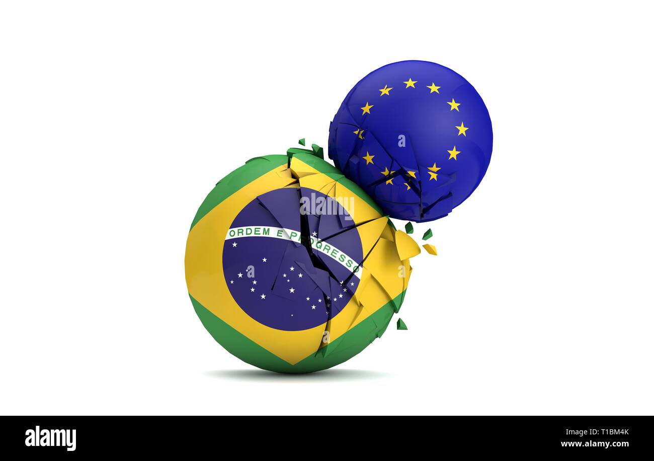 Brazil and European Union political balls smash together. 3D Render ...