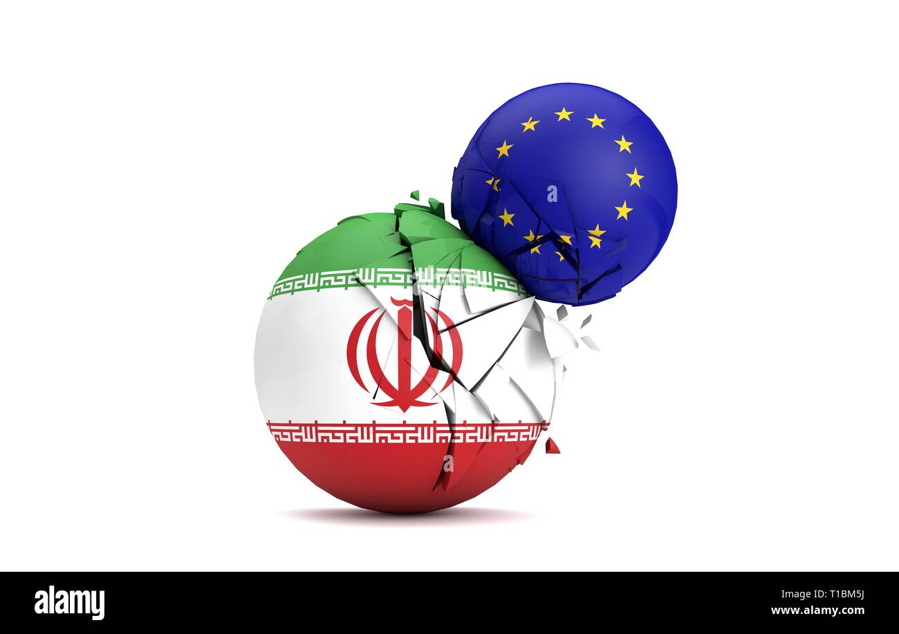 Iran and European Union political balls smash together. 3D Render Stock ...