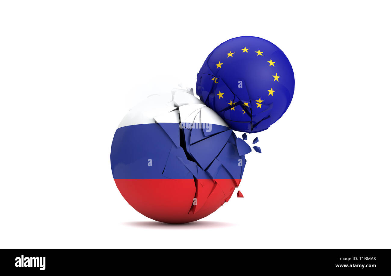 Russia and European Union political balls smash together. 3D Render ...