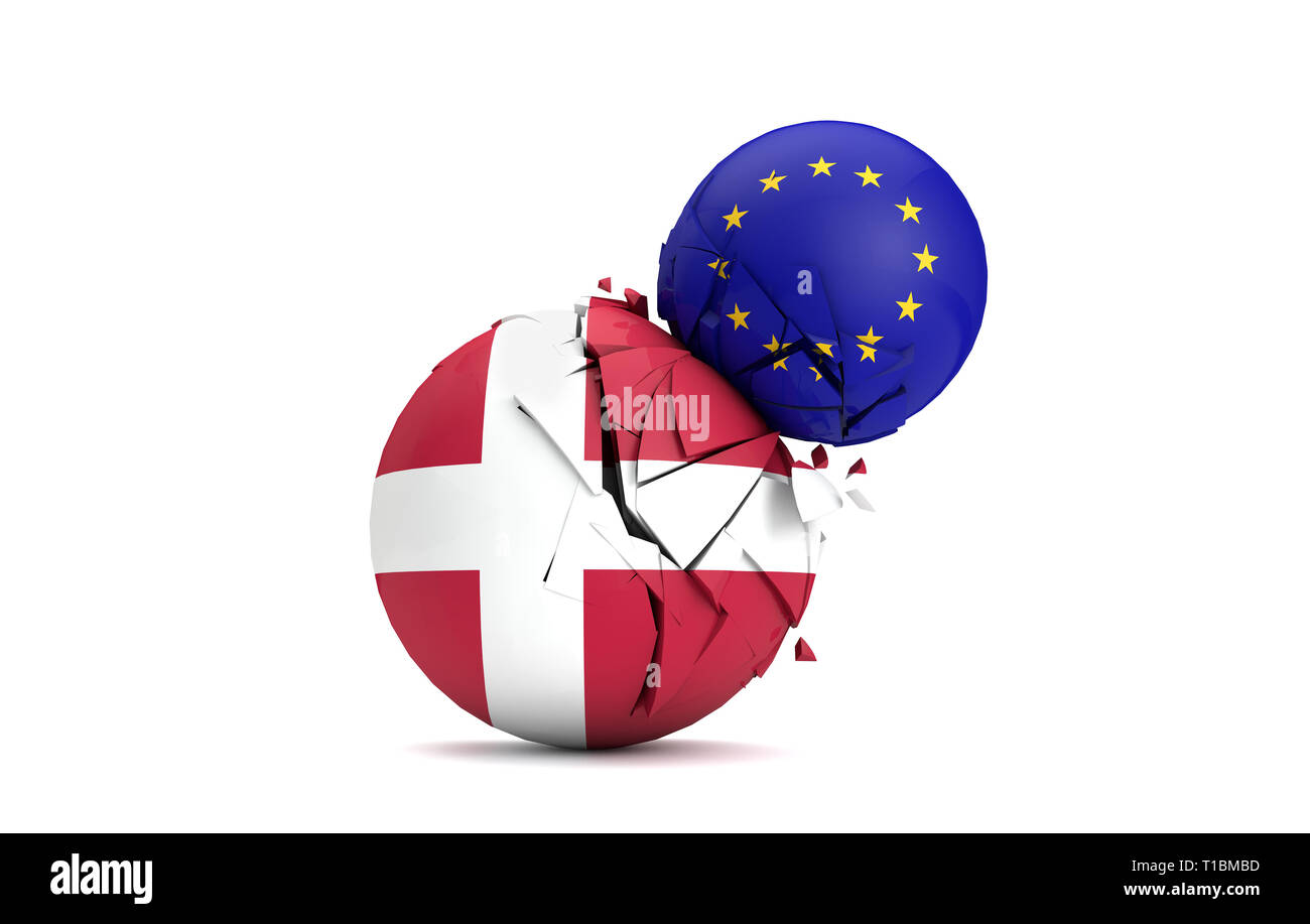 Denmark and European Union political balls smash together. 3D Render ...