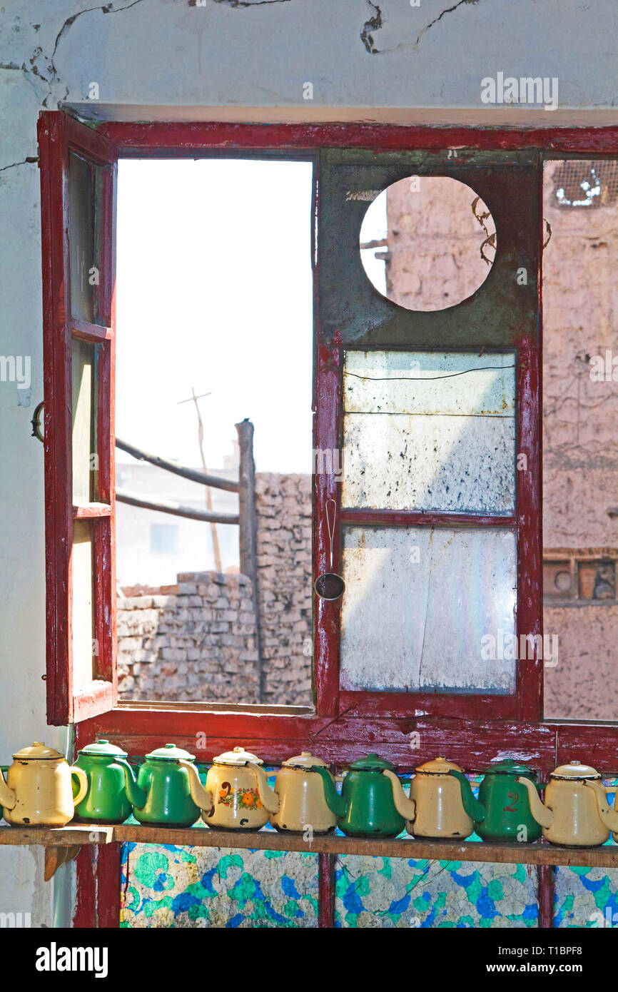 Teapots by the window in the Tea house in Kashgar, Xinjiang Autonomous ...