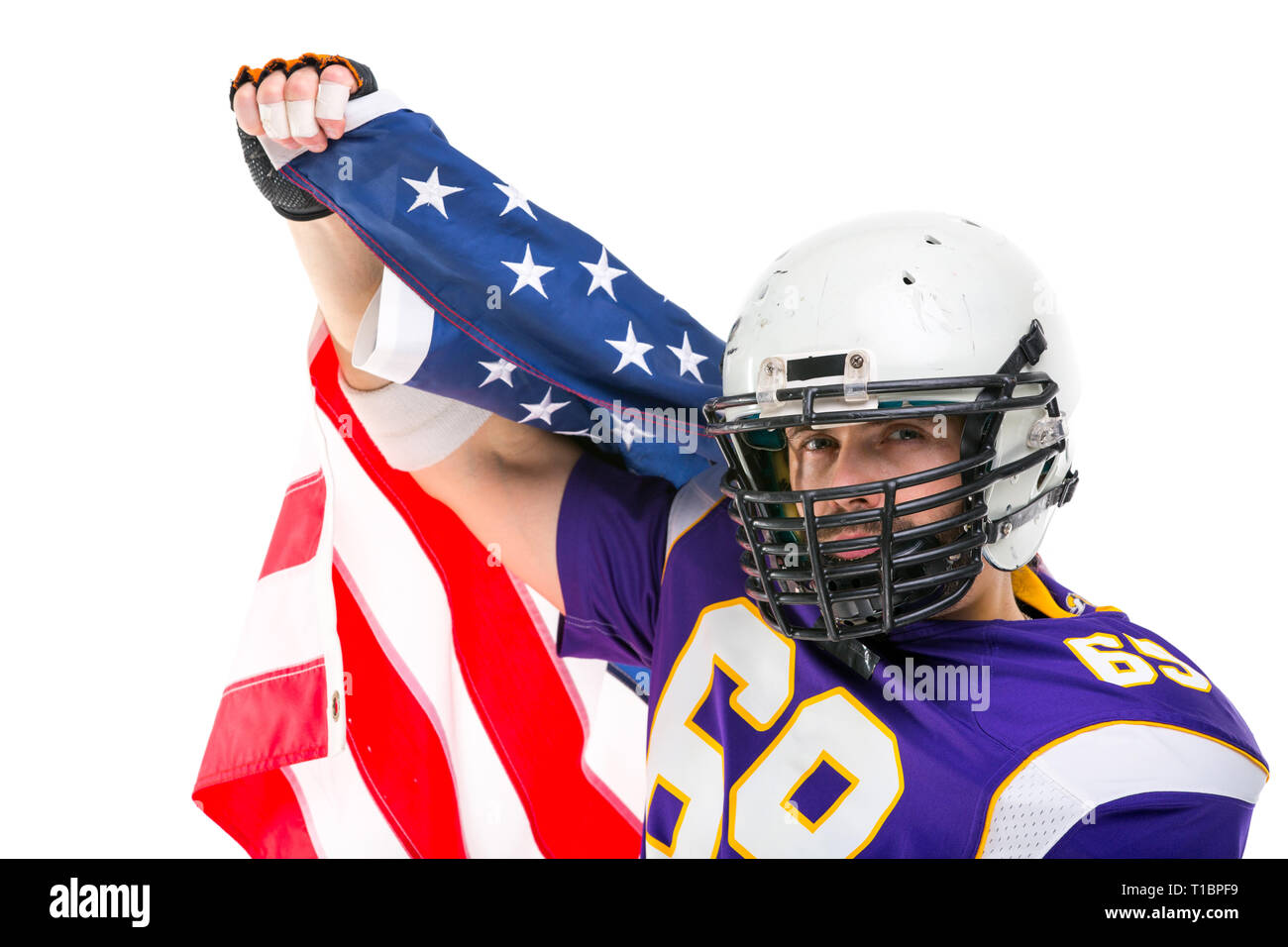 American football player celebrates winning with american flag Stock ...
