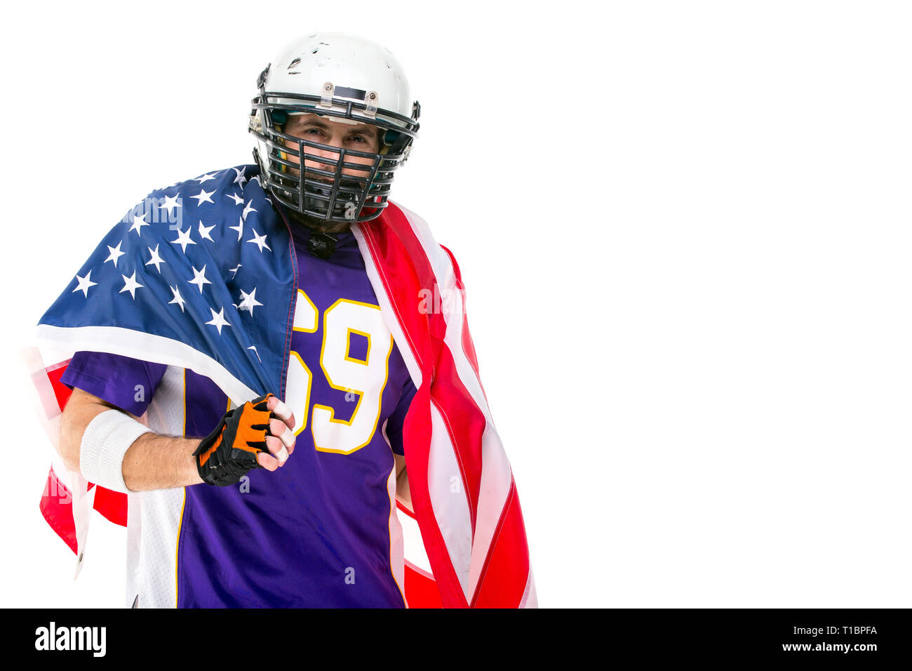 American football player celebrates winning with american flag Stock ...