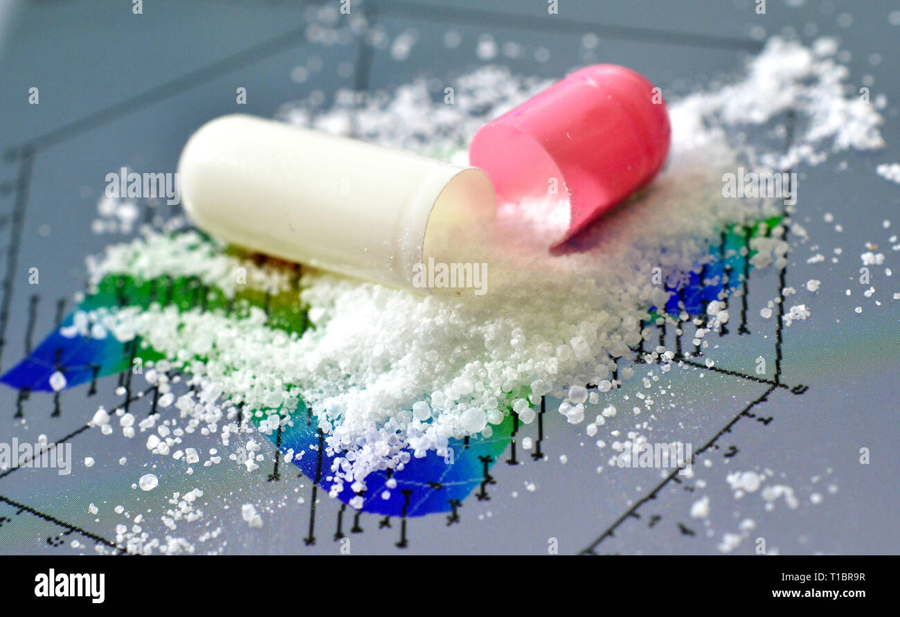 powder of an open capsule on a smartphone screen with logo of facebook ...