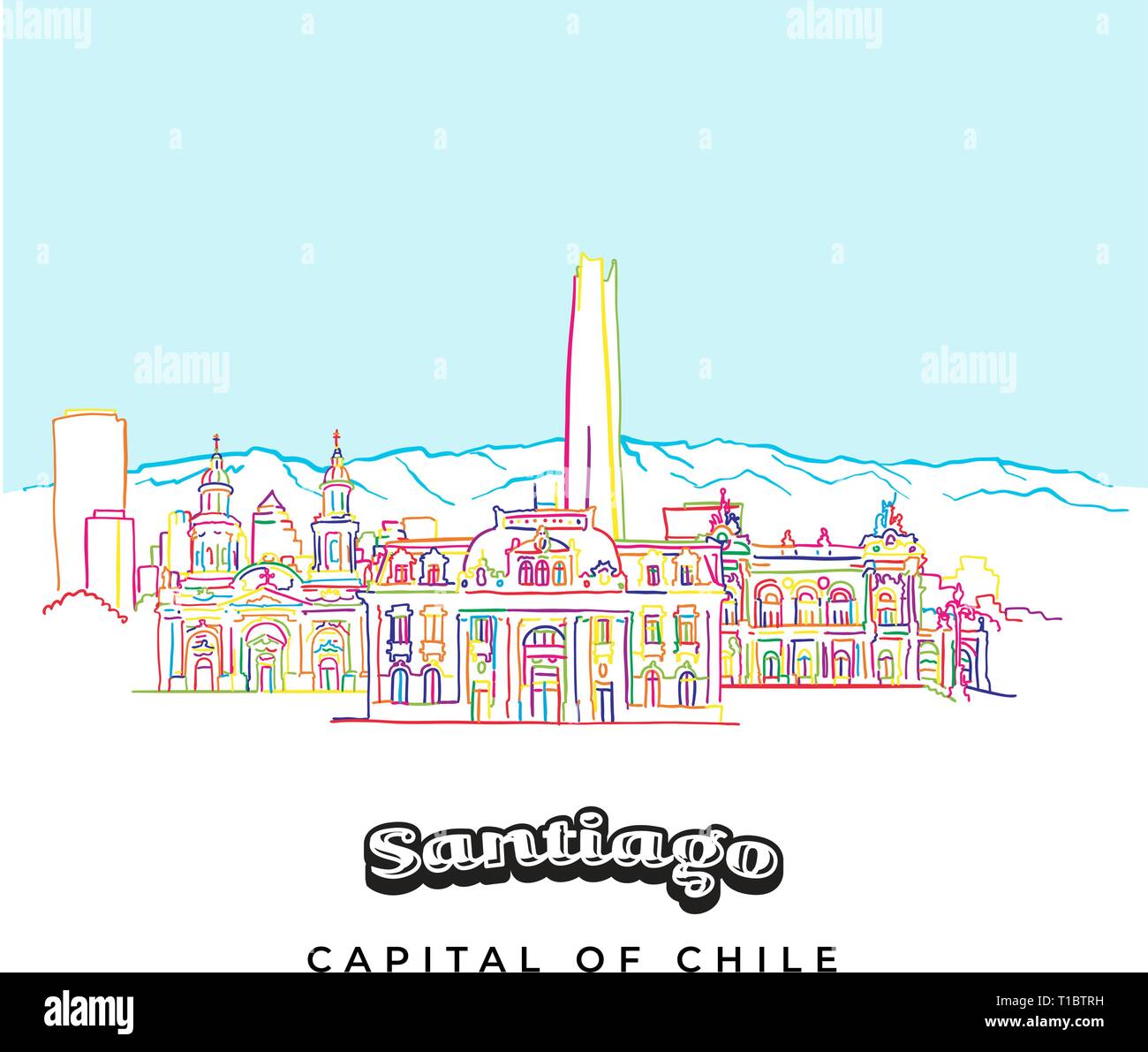Santiago Chile colorful architecture line art, vector drawing Stock ...
