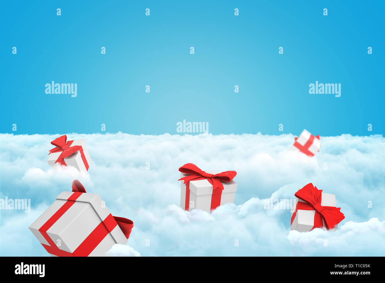 3d rendering of several gift boxes on a layer of white fluffy clouds ...