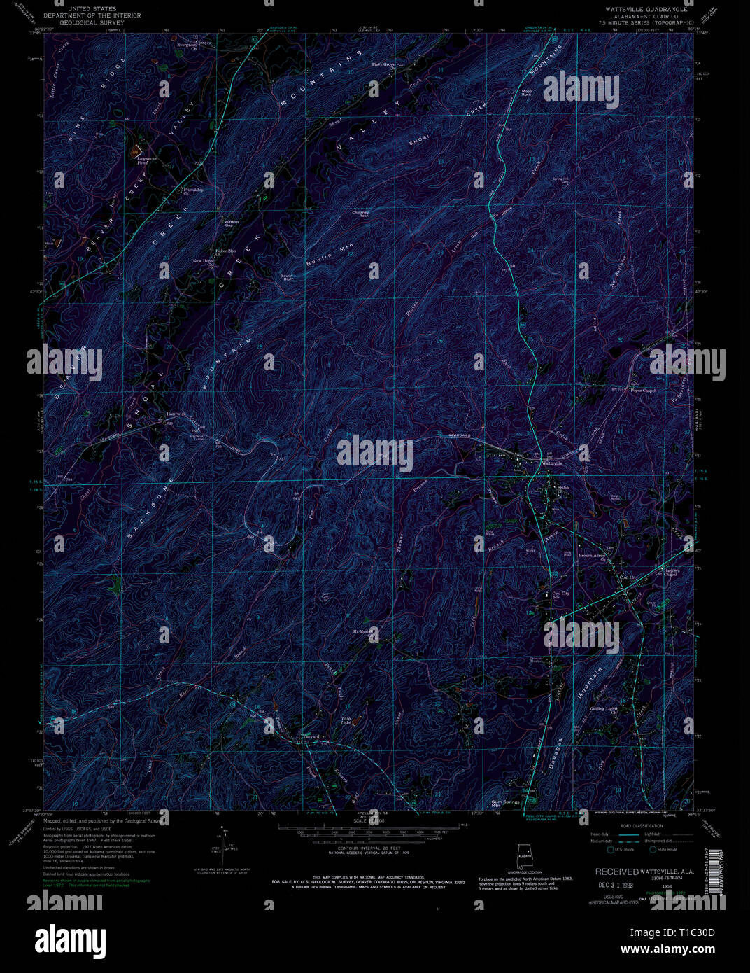 USGS TOPO Map Alabama AL Wattsville 305343 1958 24000 Inverted Stock ...