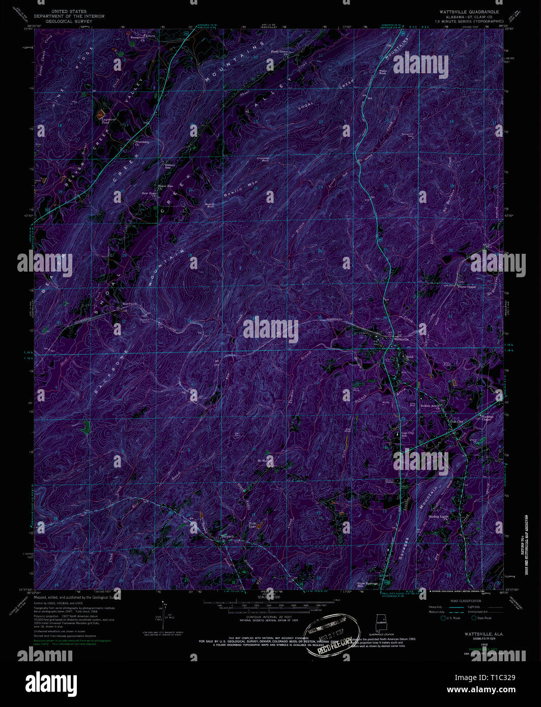 USGS TOPO Map Alabama AL Wattsville 305346 1958 24000 Inverted Stock ...