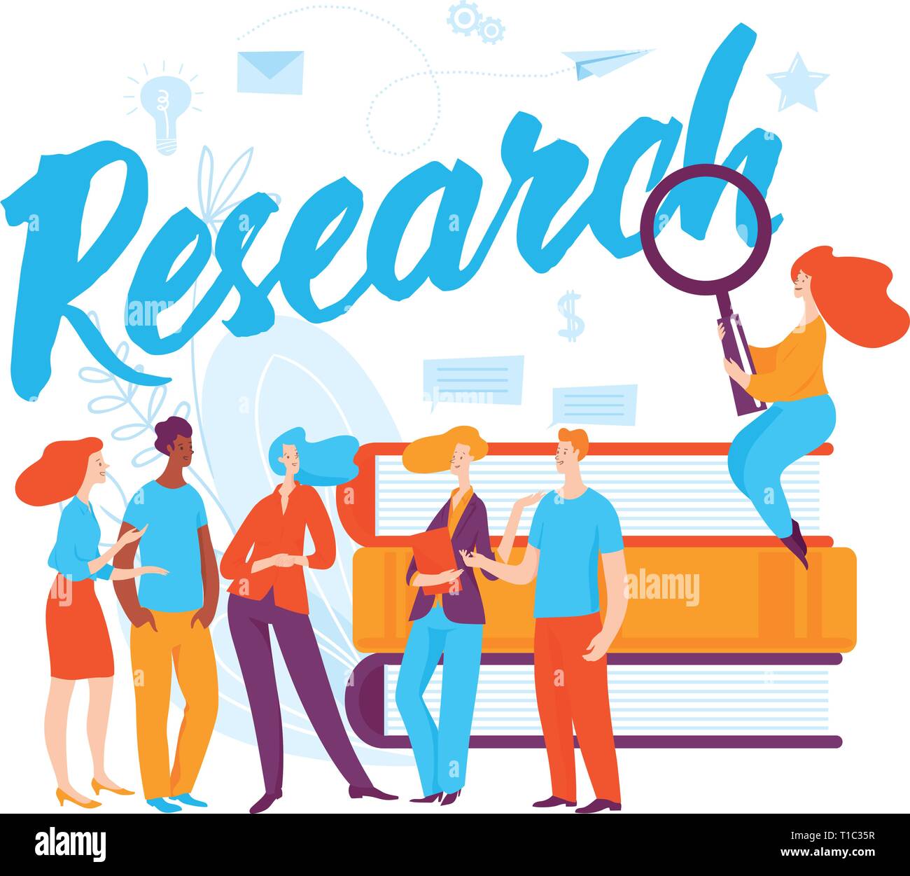 Vector concept research business illustration with cartoon thinking ...