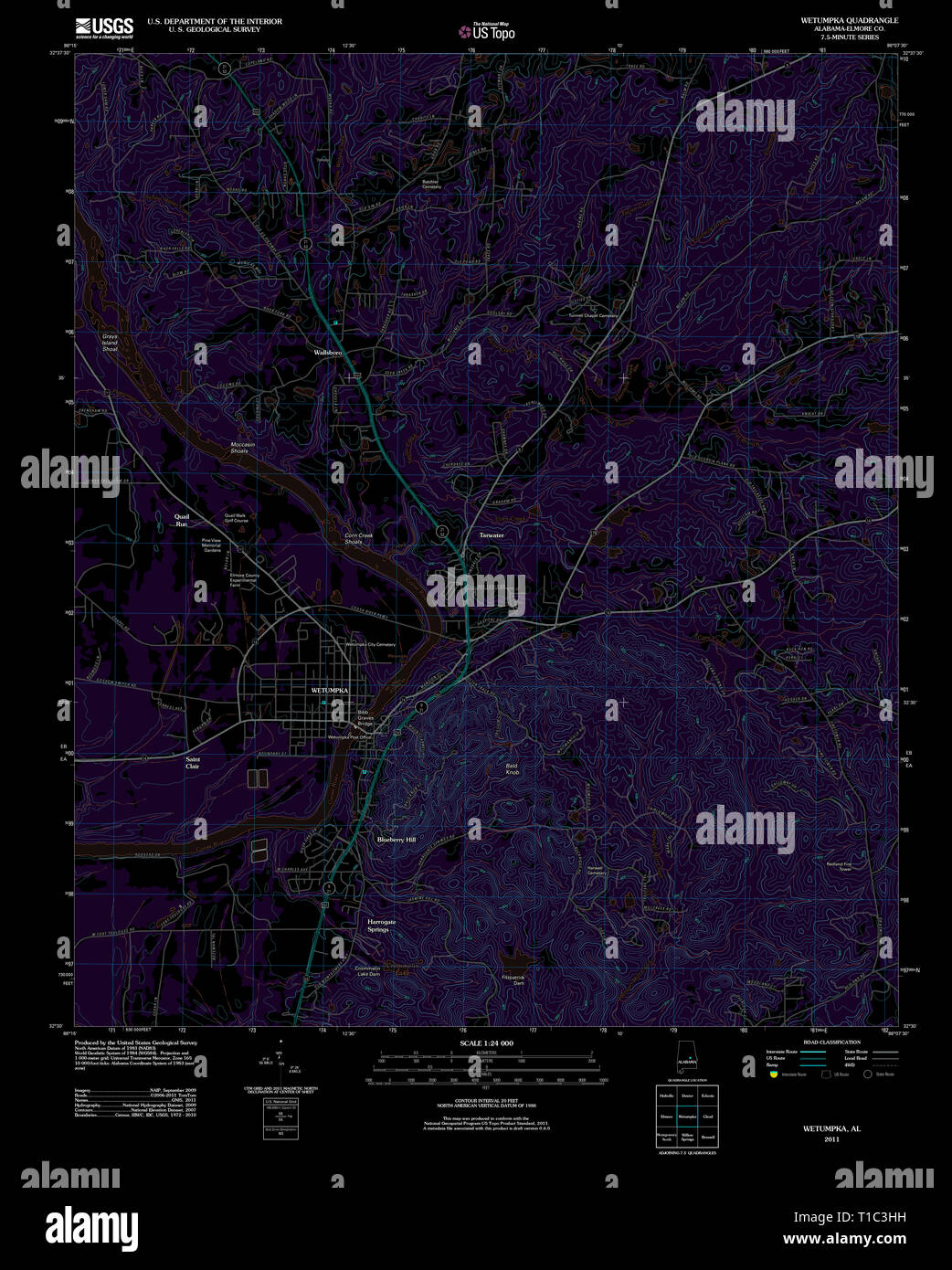 USGS TOPO Map Alabama AL Wetumpka 20110927 TM Inverted Stock Photo - Alamy