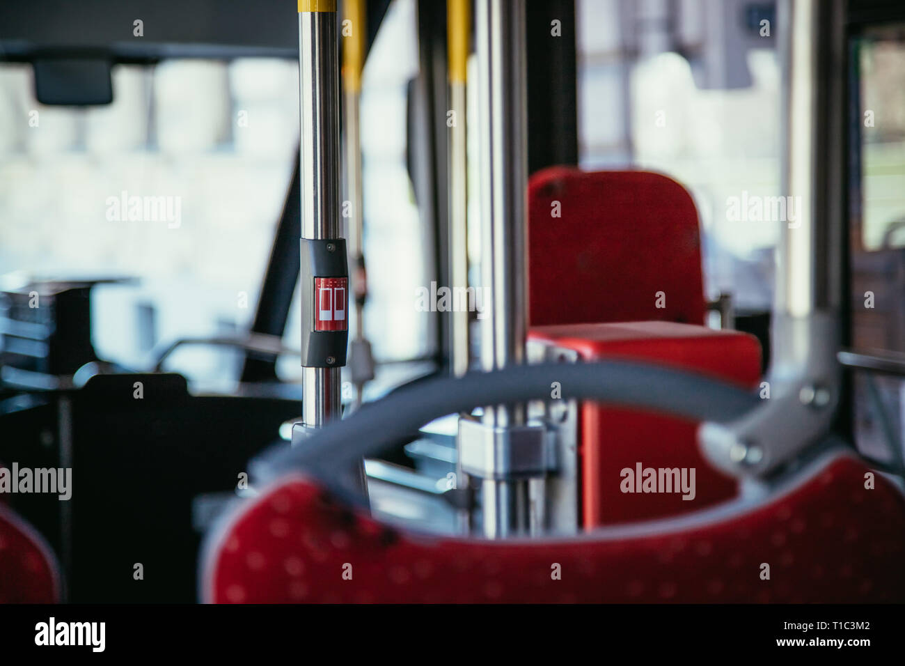 Interior of a public transport bus, stop button Stock Photo - Alamy