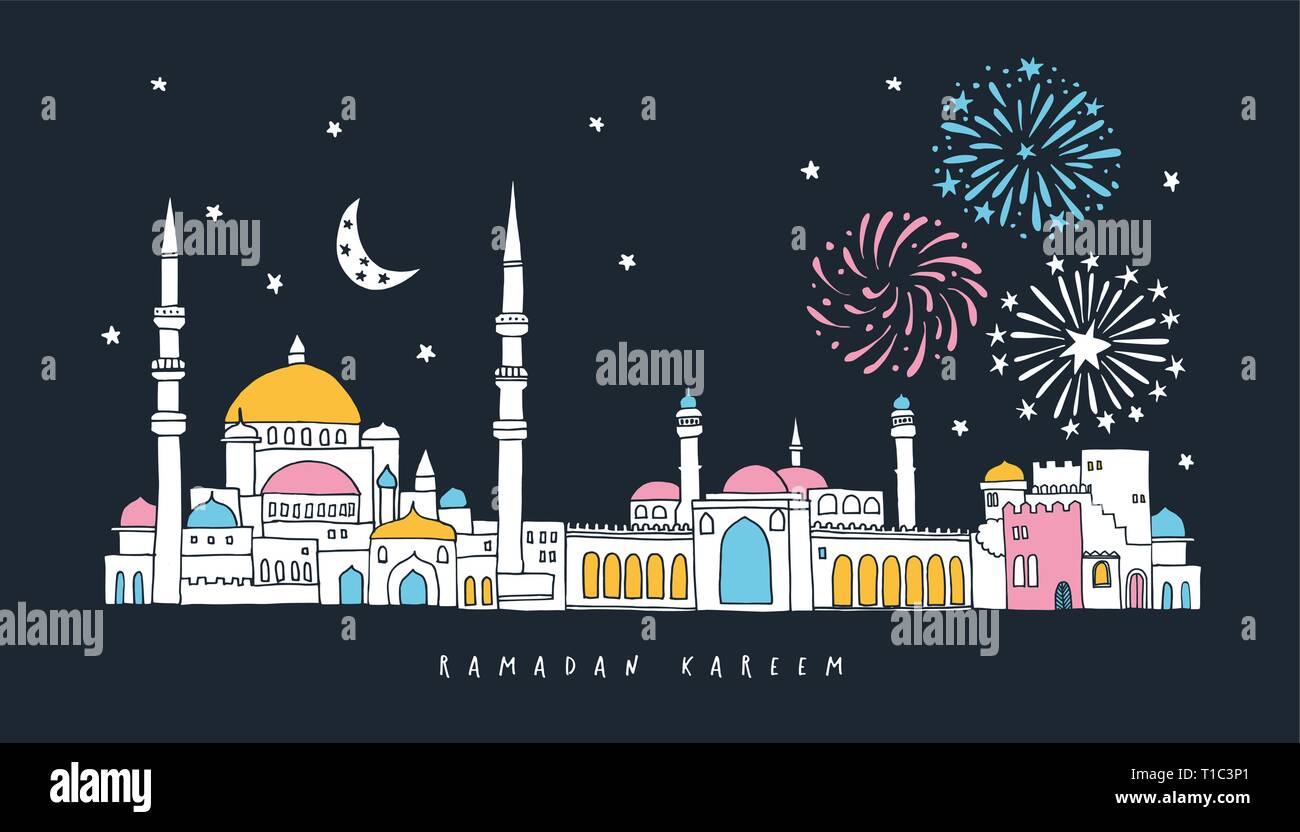 Arab town with mosque, houses, palace and minaret towers. Night sky ...