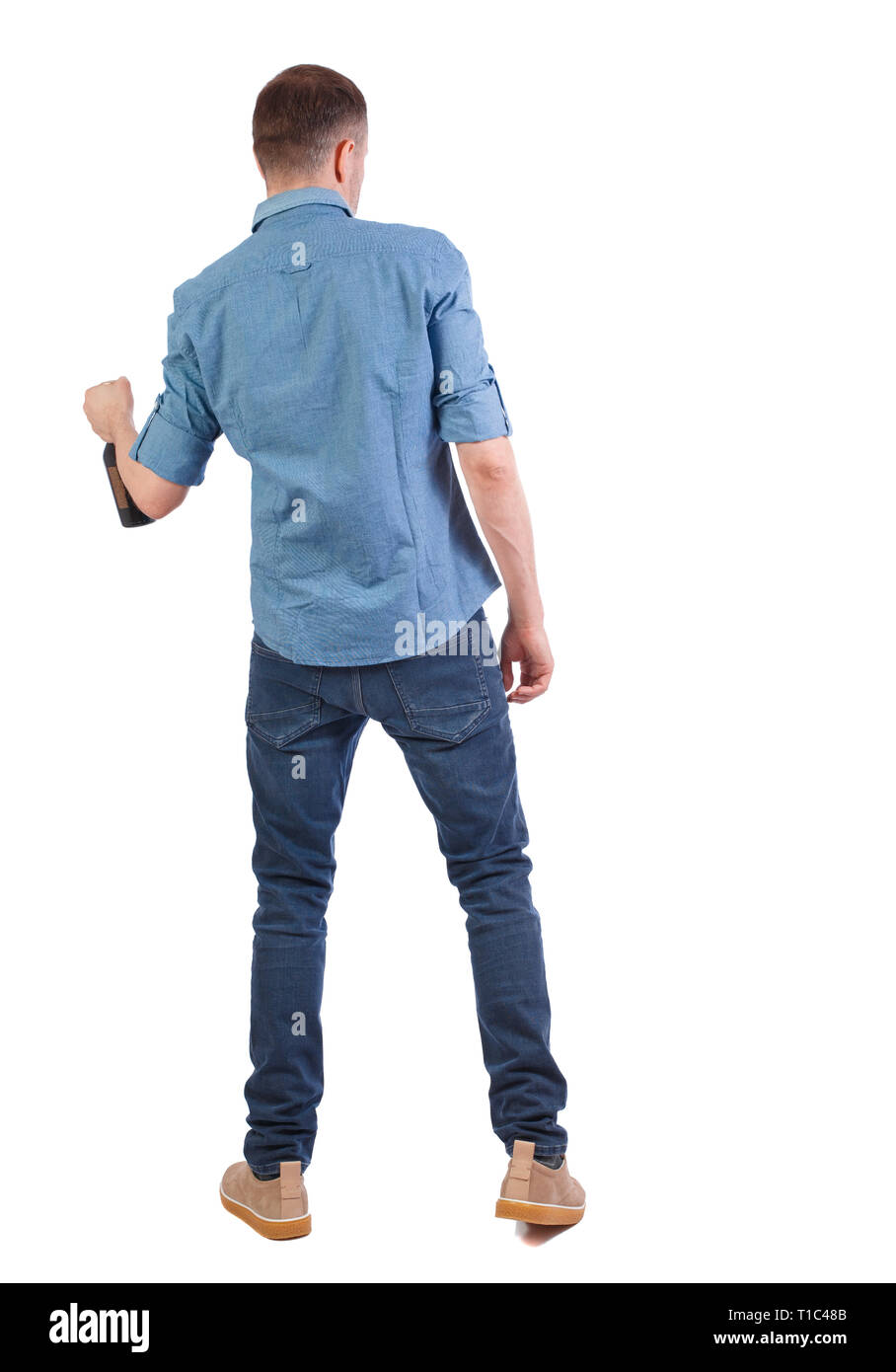 Back view of drunk man with bottle of wine. drinking young guy. Rear ...