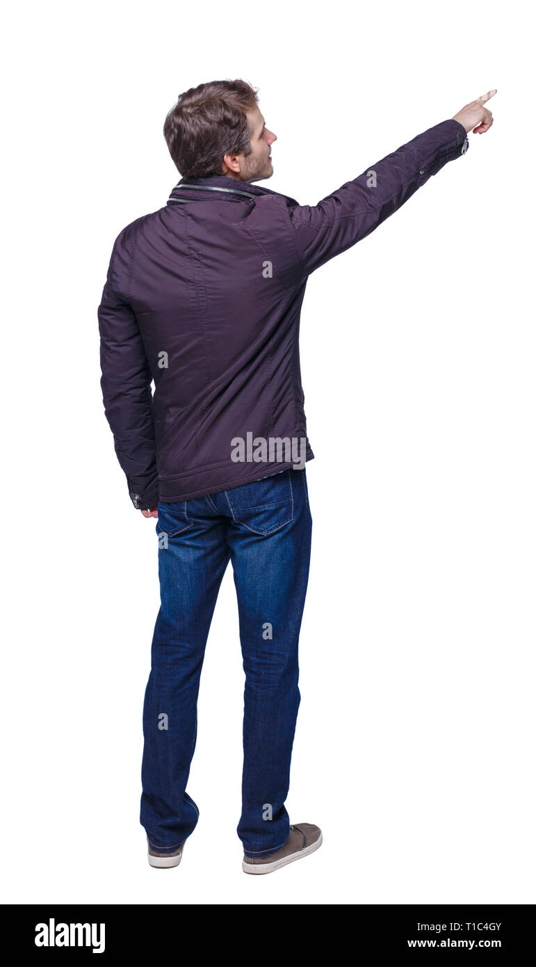 Back view of man in parka points his hand. Rear view people collection ...