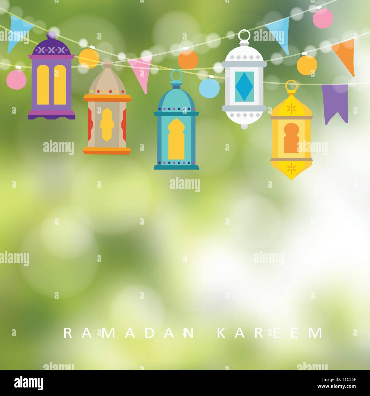 Garlands with hanging colorful lanterns, flags and lights. Greeting ...