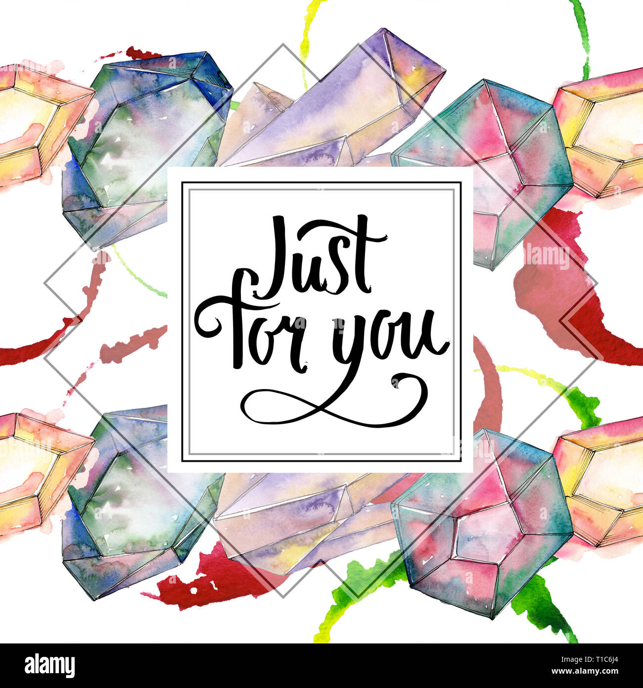 Colorful diamond rock jewelry minerals. Watercolor crystal stone ...