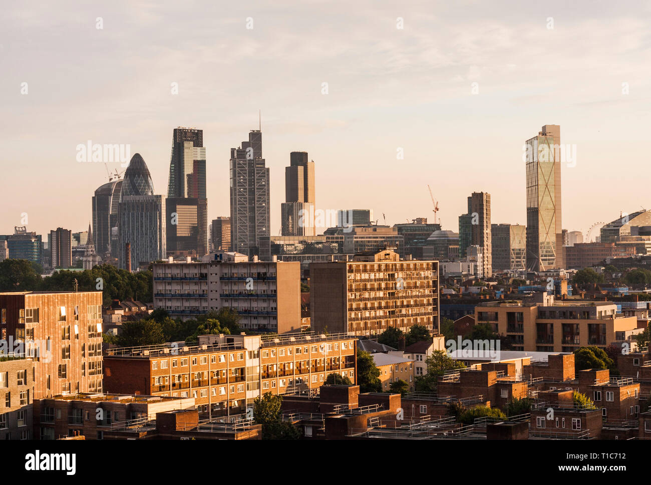 An elevated view of the London skyline as seen from Tower Hamlets ...
