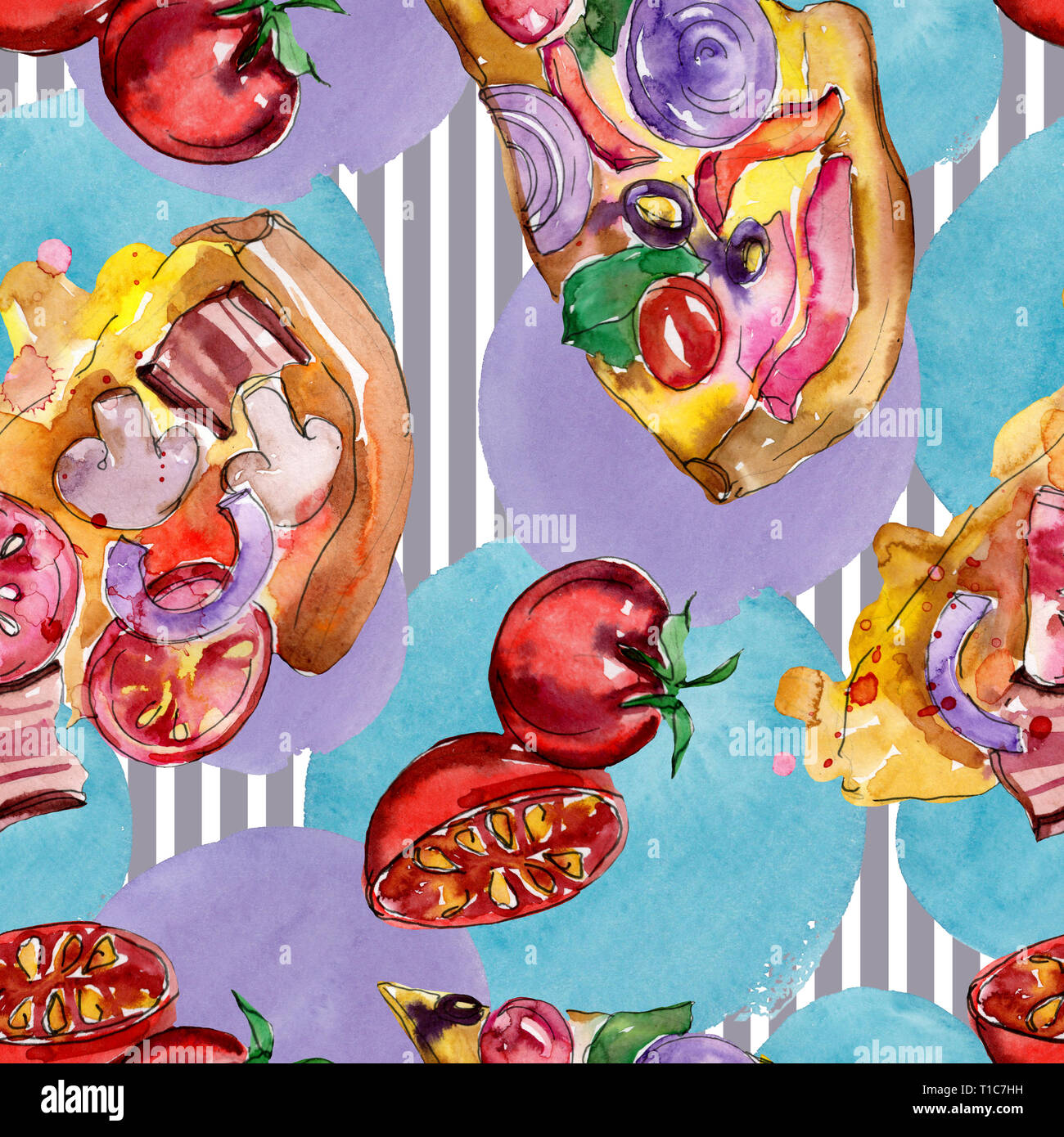 Fast food itallian pizza in a watercolor style isolated set ...