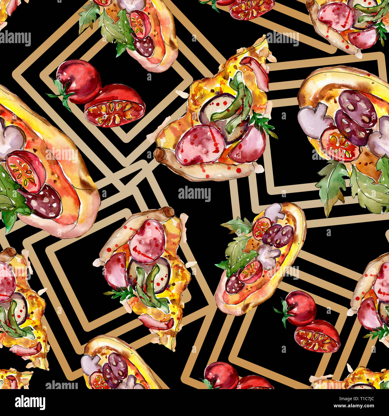 Fast food itallian pizza in a watercolor style isolated set ...