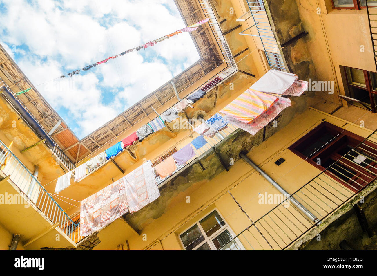 Linen is Dried on Clothesline on a Background of Blue Sky with Clouds ...