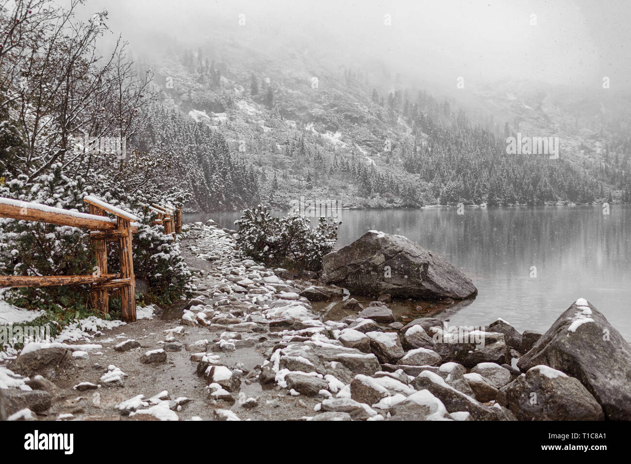 mountain lake in winter. side view. Morske Oko Stock Photo - Alamy