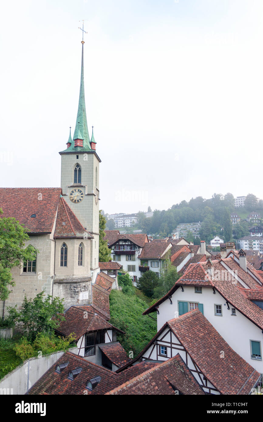 View of the church and rooftops of Bern old town - Switzerland Stock ...