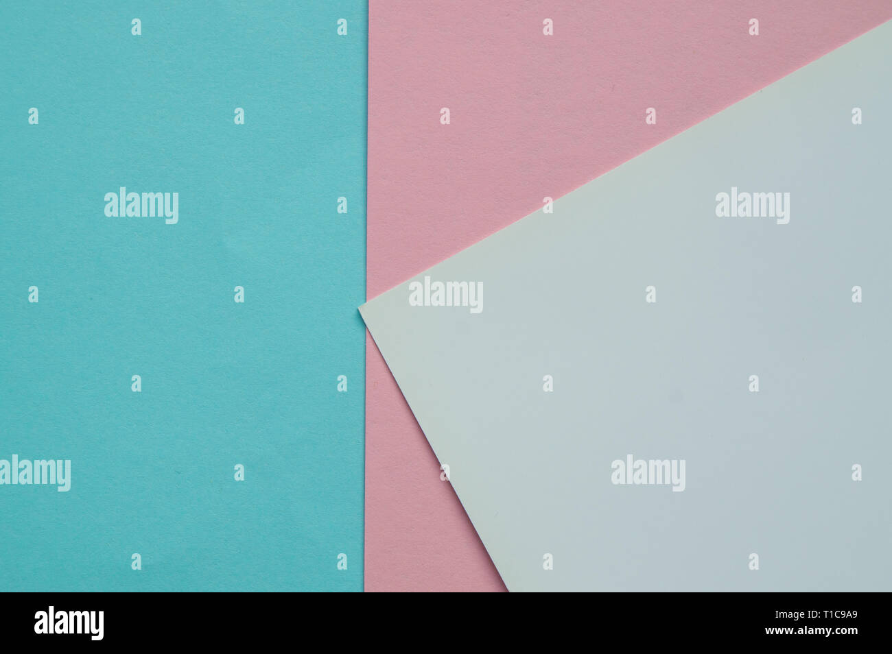 Blue, pink and white color paper geometric flat lay three background ...