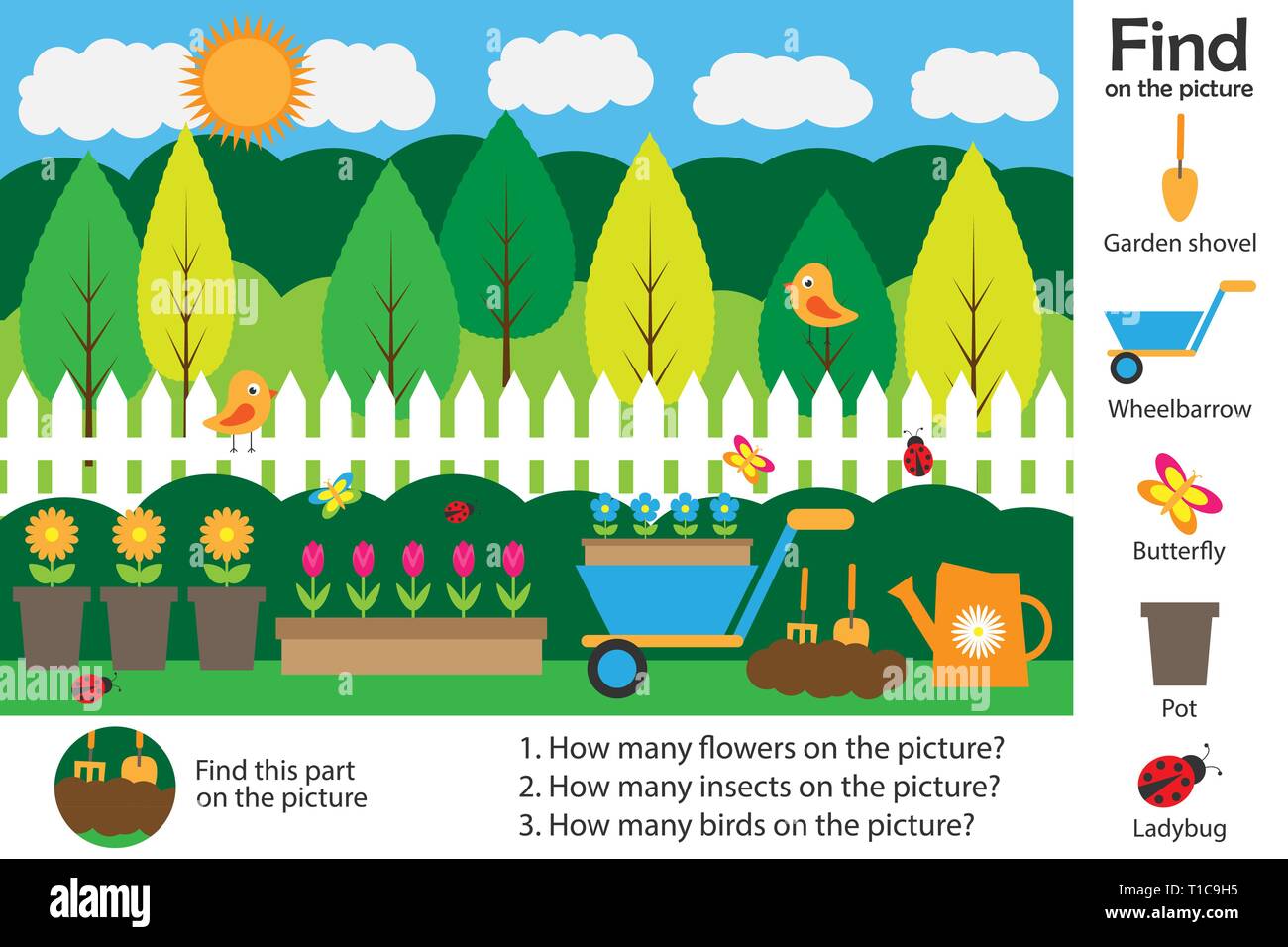 Activity page, garden picture in cartoon style, find images and answer ...