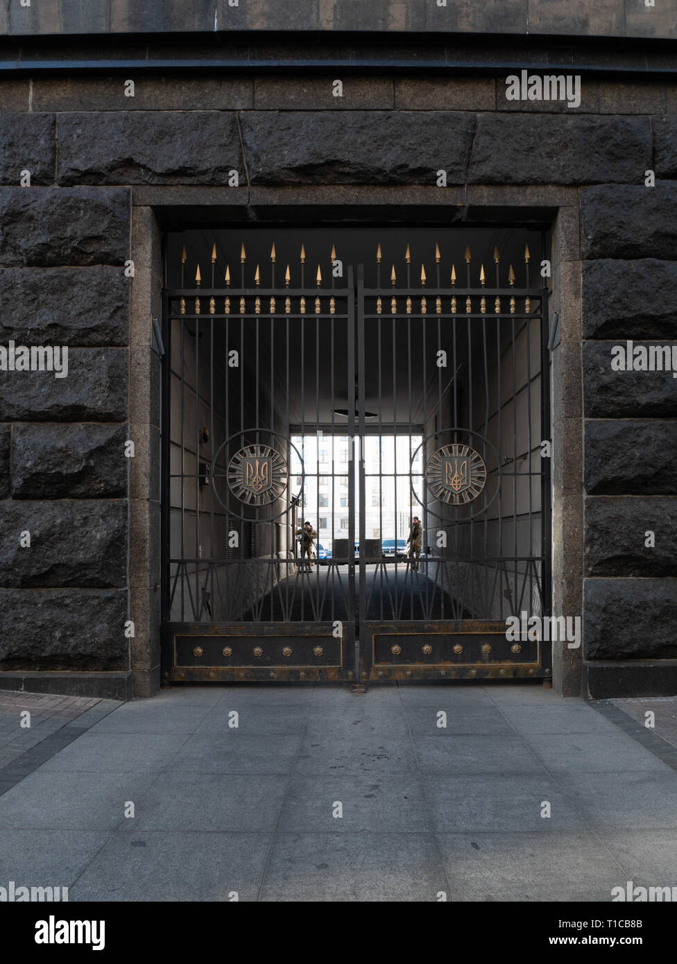 KYIV, UKRAINE - MARCH 13, 2019: Iron gates with tridents at the Cabinet ...