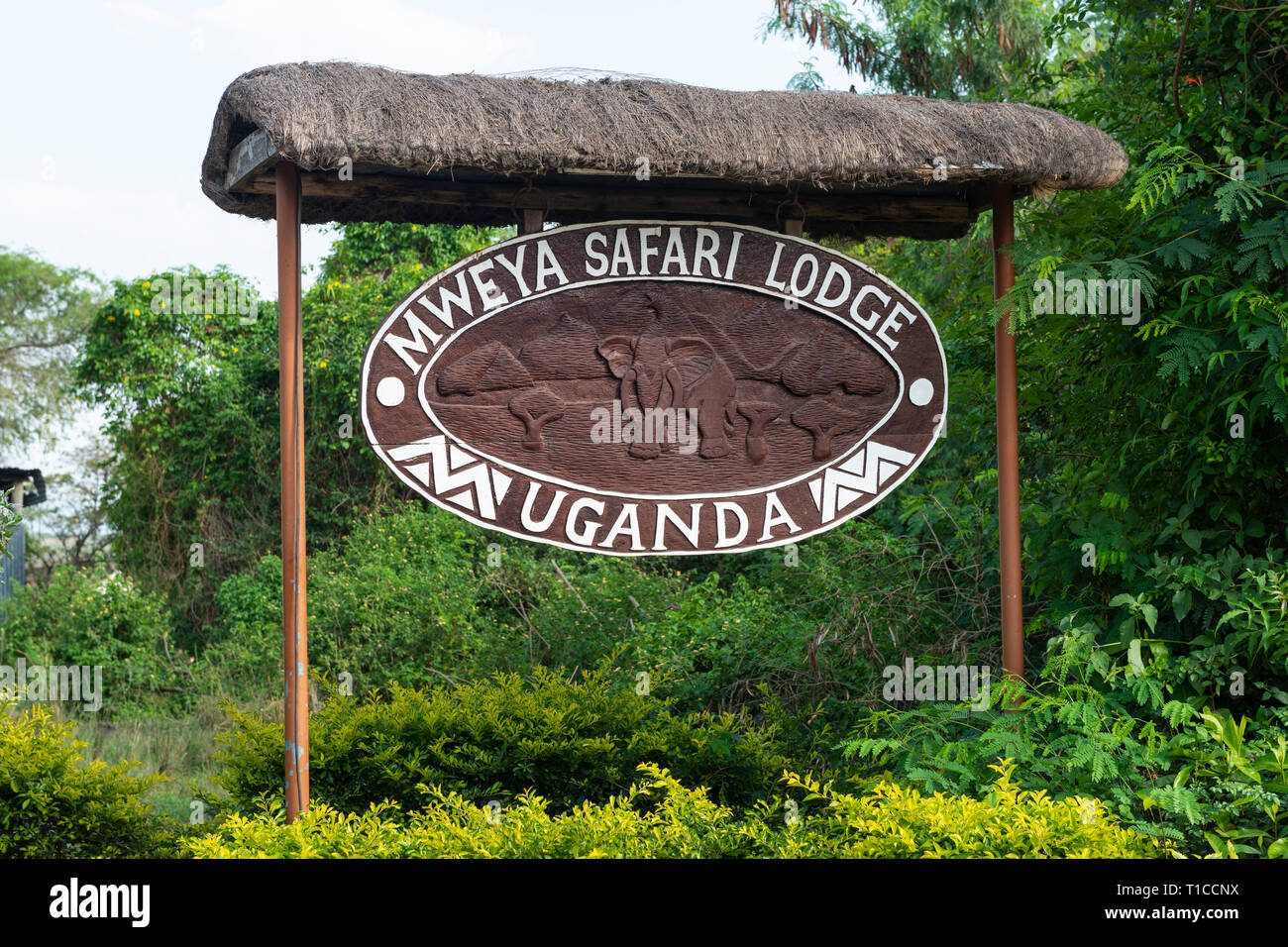 Sign board for Mweya Safari Lodge within Queen Elizabeth National Park ...