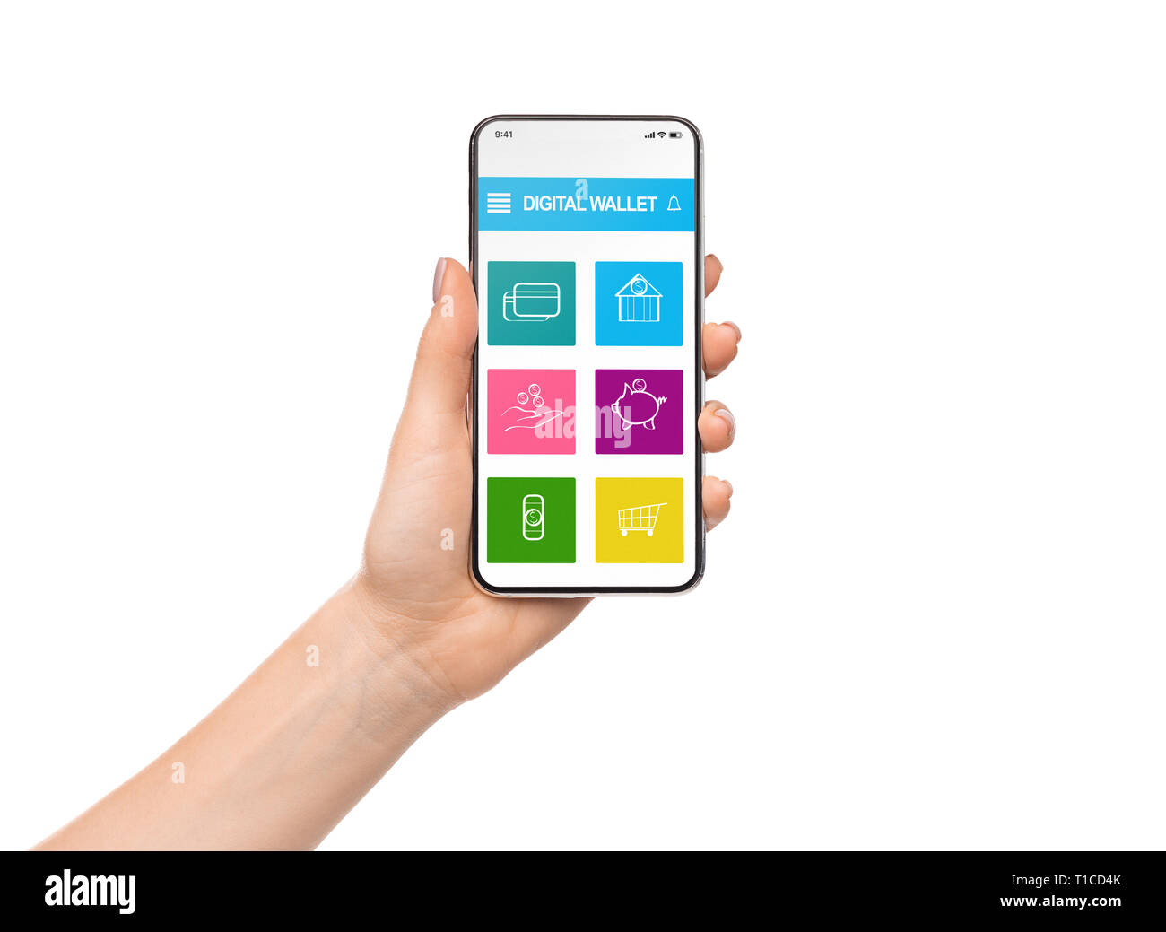 Woman holding smartphone with digital wallet application Stock Photo ...