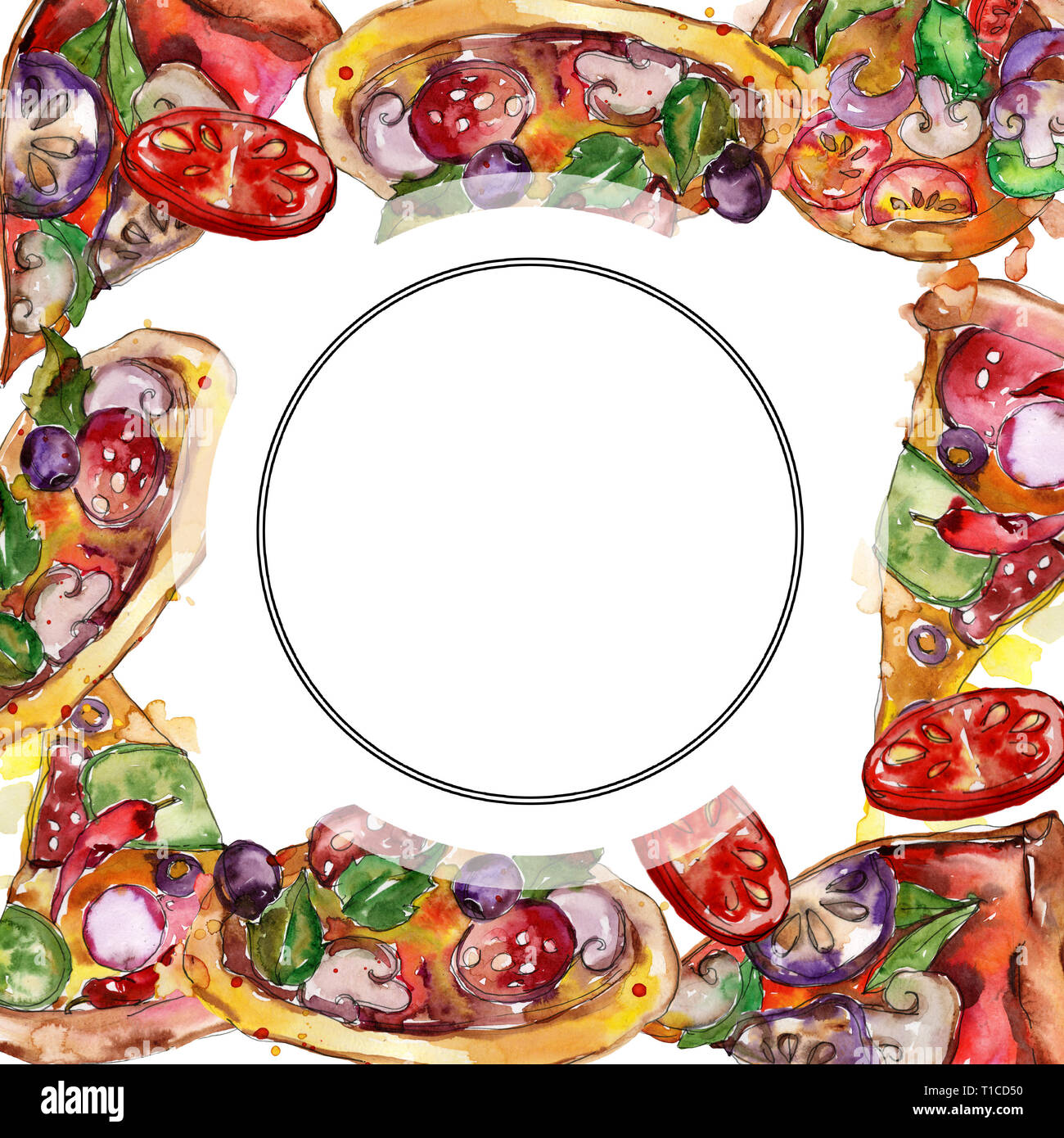 Fast food itallian pizza in a watercolor style set. Watercolour hand ...