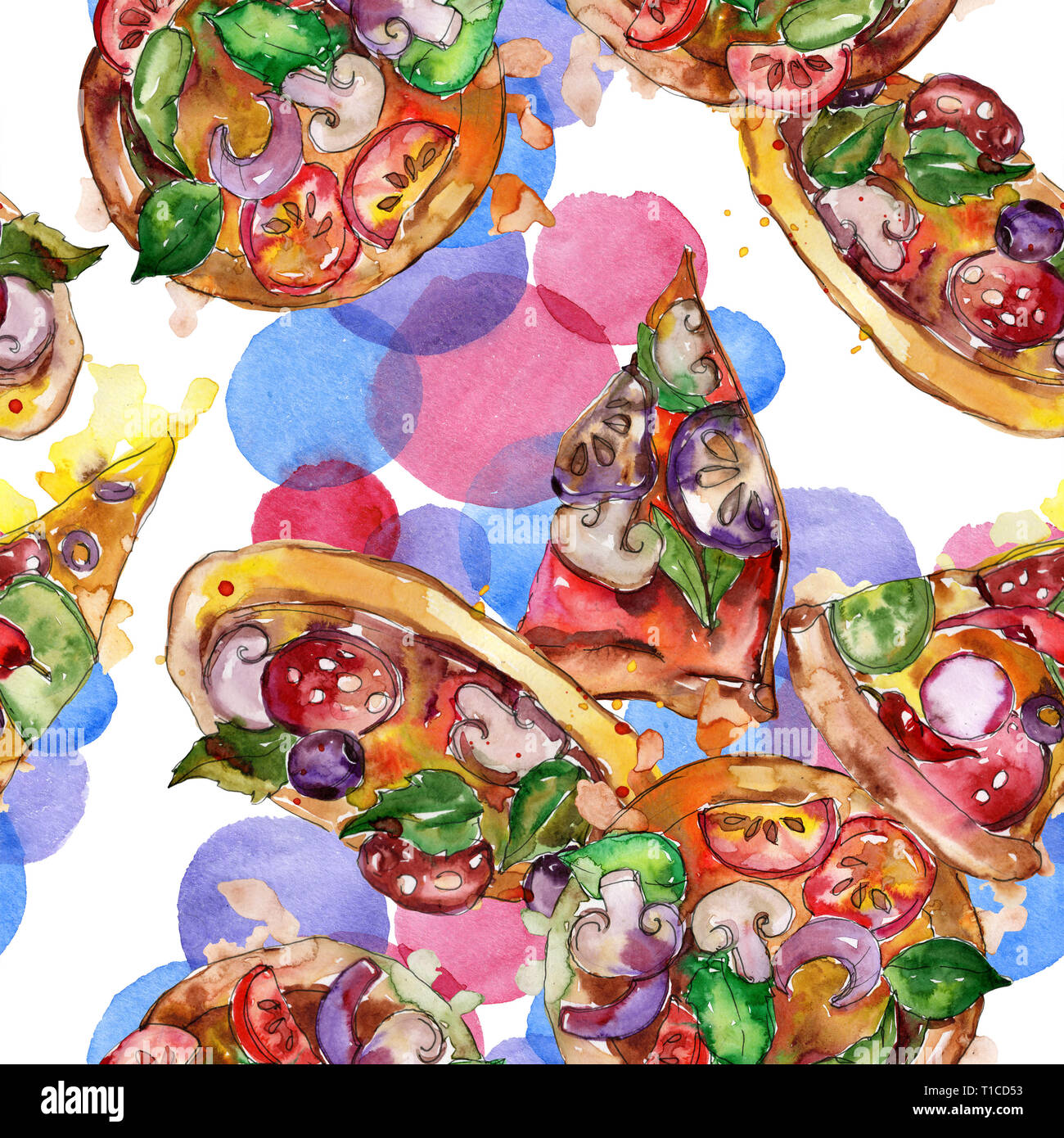 Fast food itallian pizza in a watercolor style isolated set ...