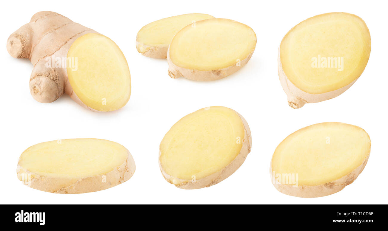 Isolated ginger collection. Pieces of raw ginger root isolated on white ...
