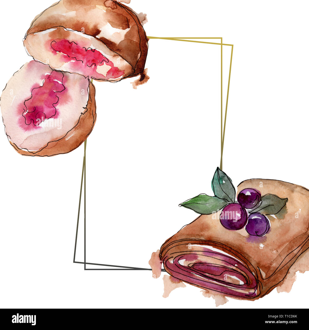 Tasty cake and bun in a watercolor style. Watercolour backgriund ...