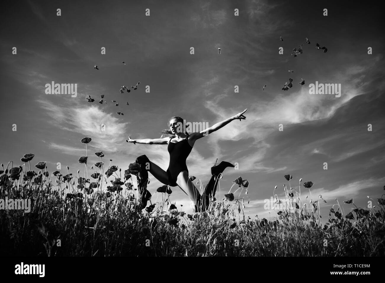 drug and love intoxication, girl jump in field of poppy Stock Photo - Alamy