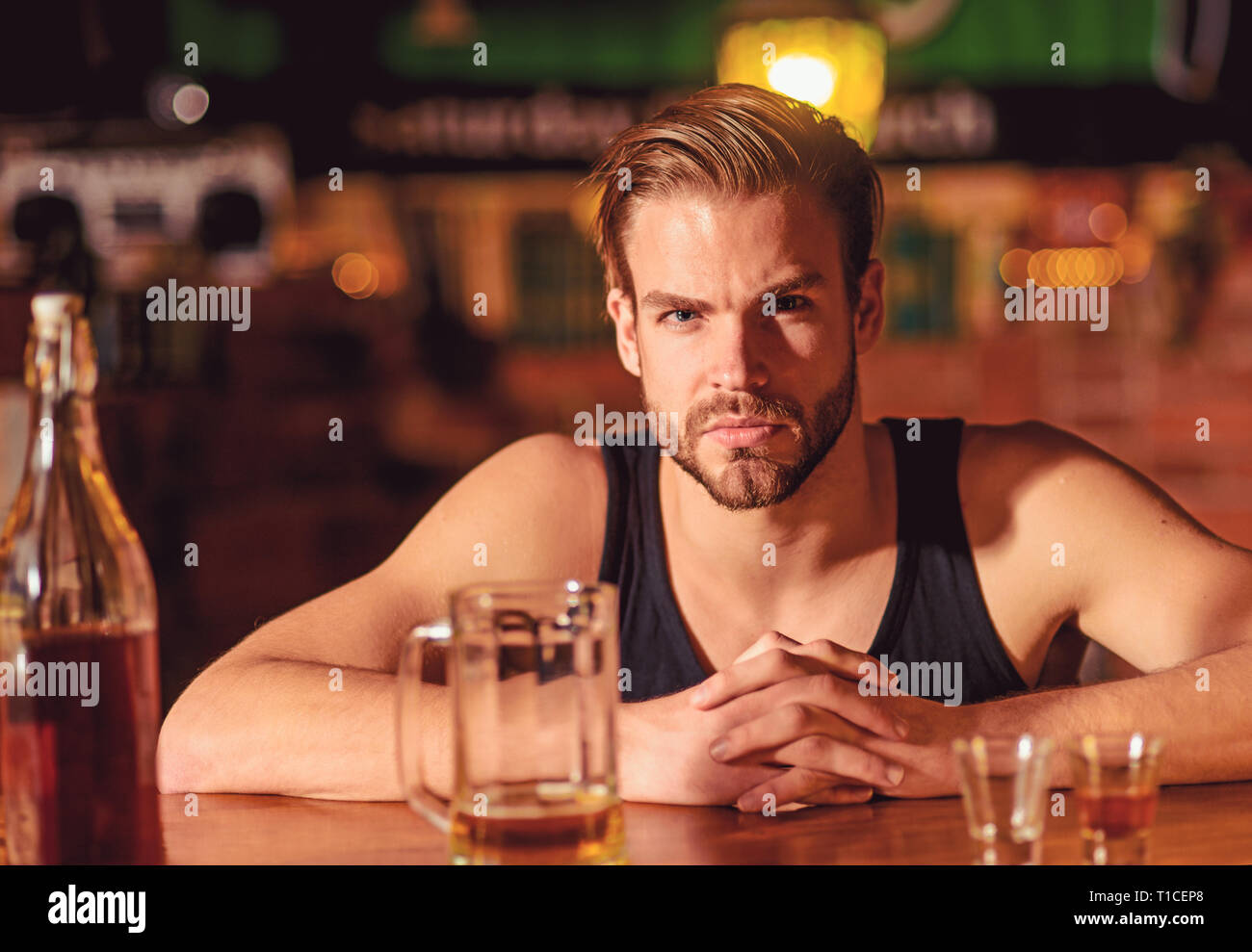 I like to go to pubs. Man drinker in pub. Addicting to alcoholic drink ...