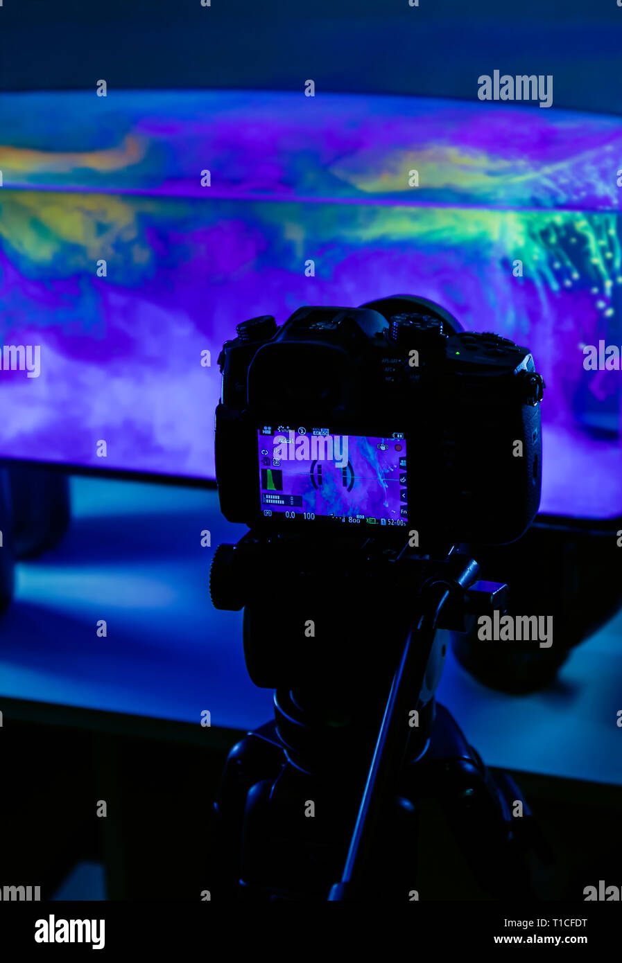 Creative night shooting of aquarium in the dark. Camera dslr is ...