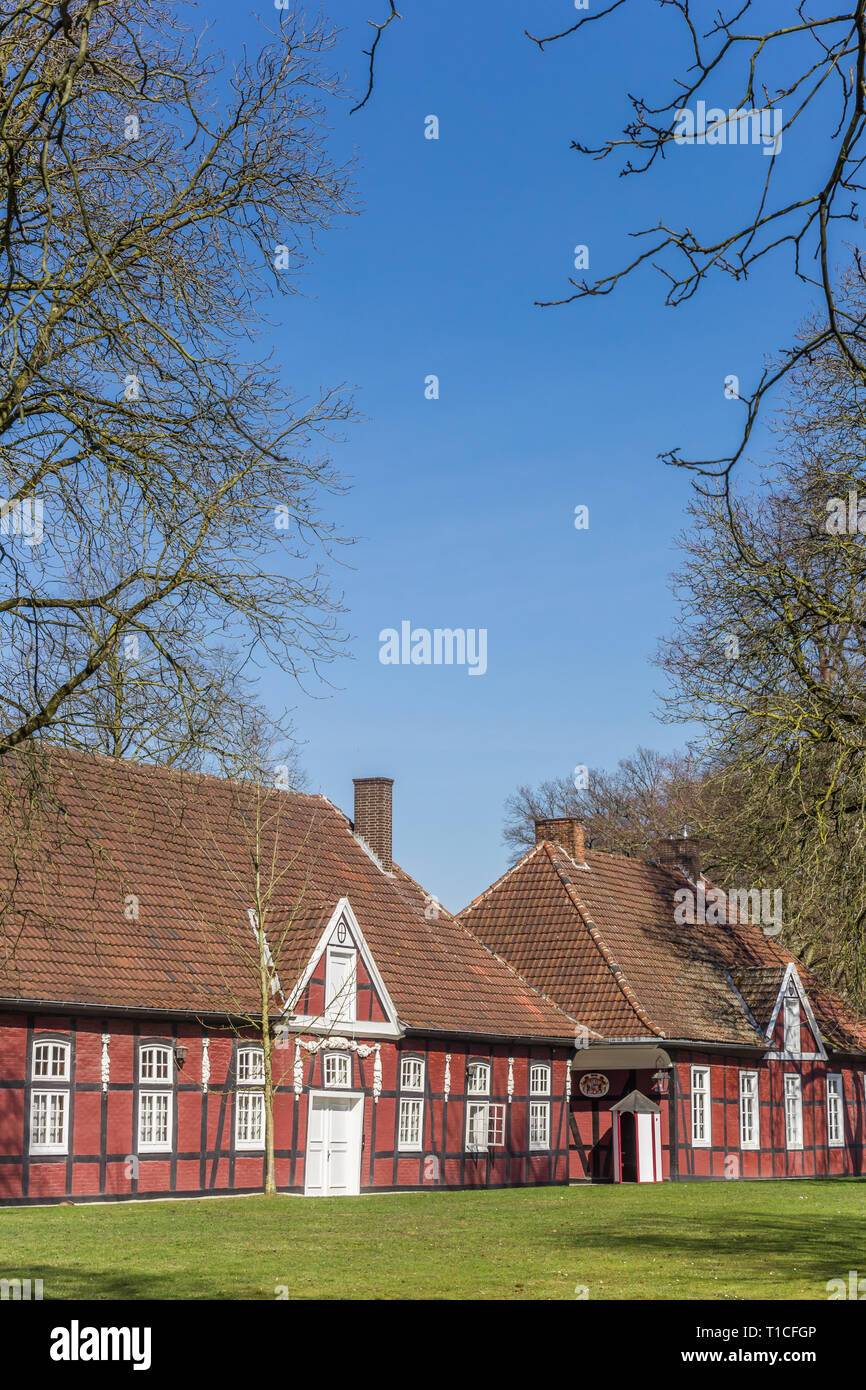 Red half timbered houses in the castle park in Rheda, Germany Stock ...