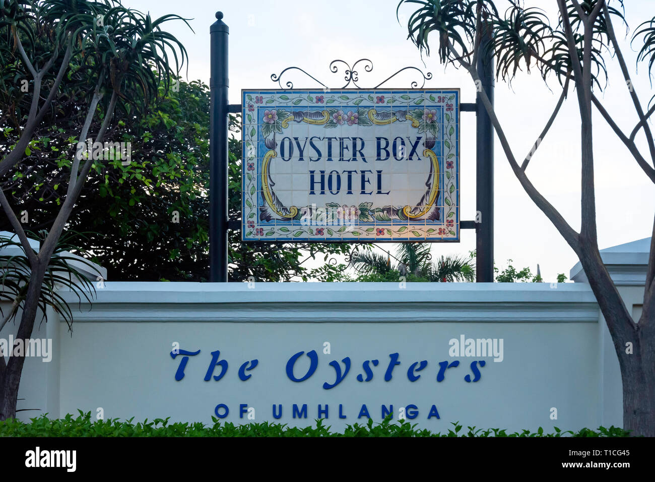 Oyster Box Hotel entrance sign at dusk, Lighthouse Road, Umhlanga Rocks ...
