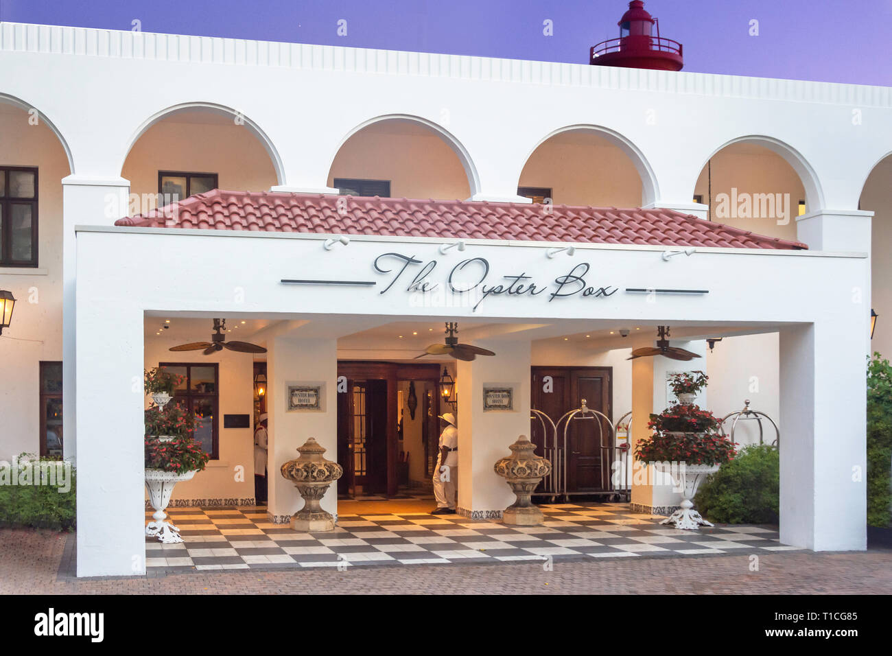 Oyster Box Hotel entrance at dusk, Lighthouse Road, Umhlanga Rocks ...