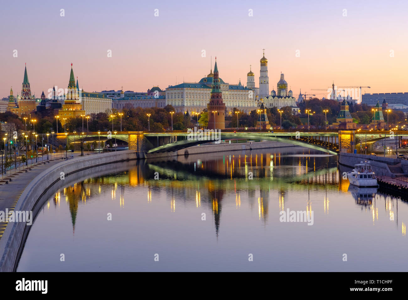 Morning city landscape with view on Moscow Kremlin and reflections in ...