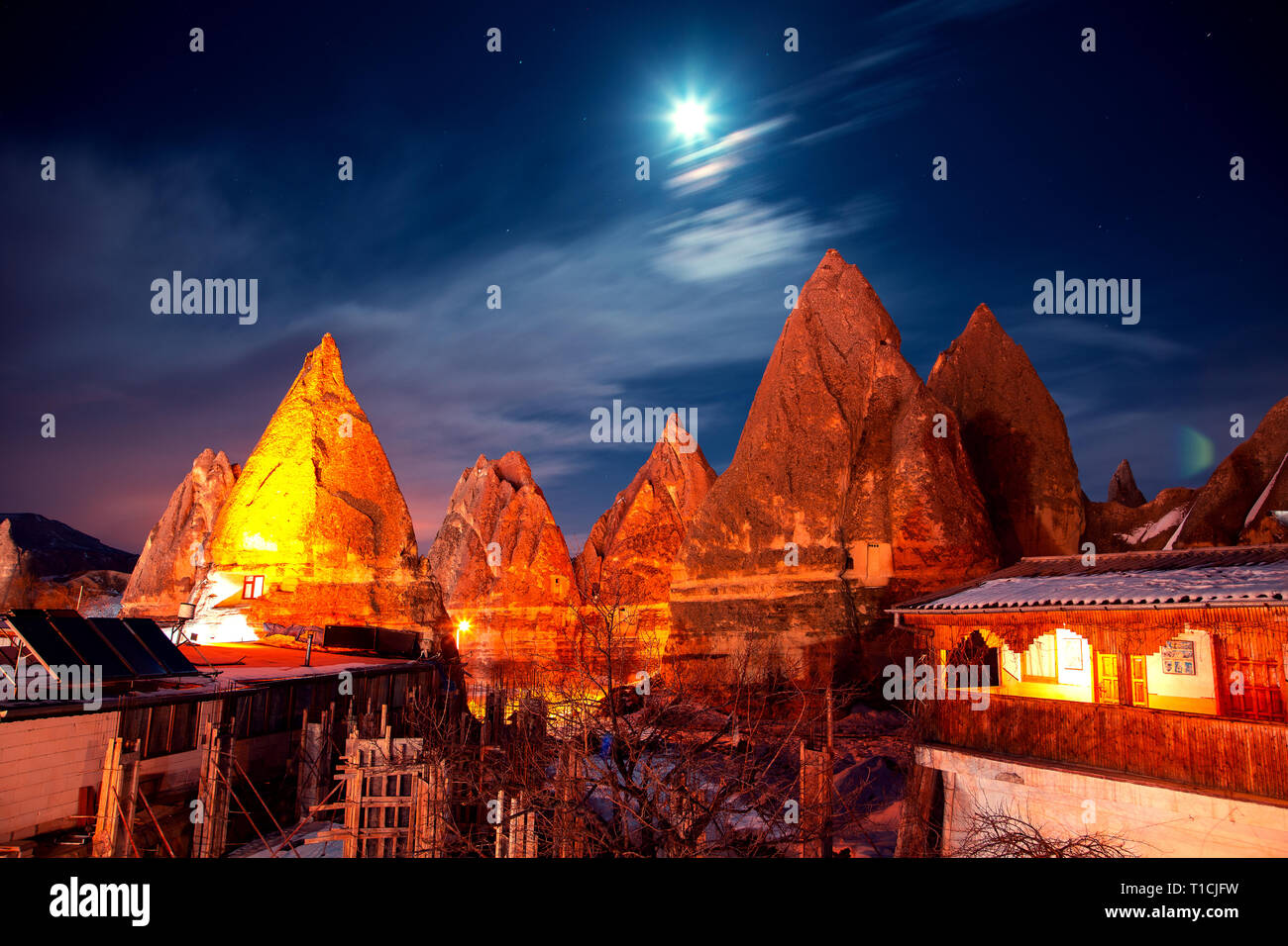 Moonlight night over Cappadocia. Gorgeous night landscape. Goreme ...